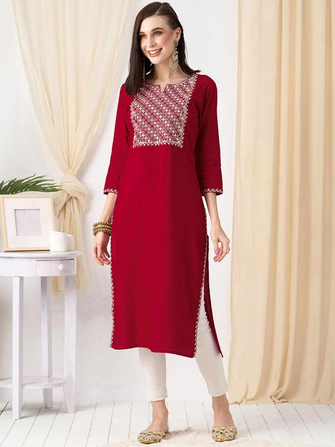 ZOLA Floral Yoke Design Thread Work Straight Kurta - Price History