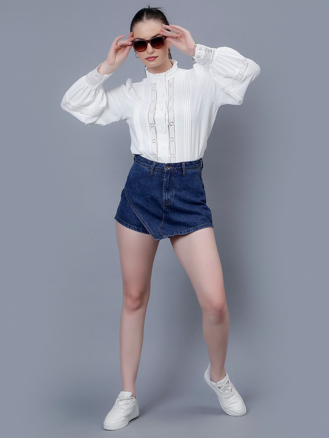 Buy Steele Band Collar Cuffed Sleeves Lace Inserts Shirt Style Top ...