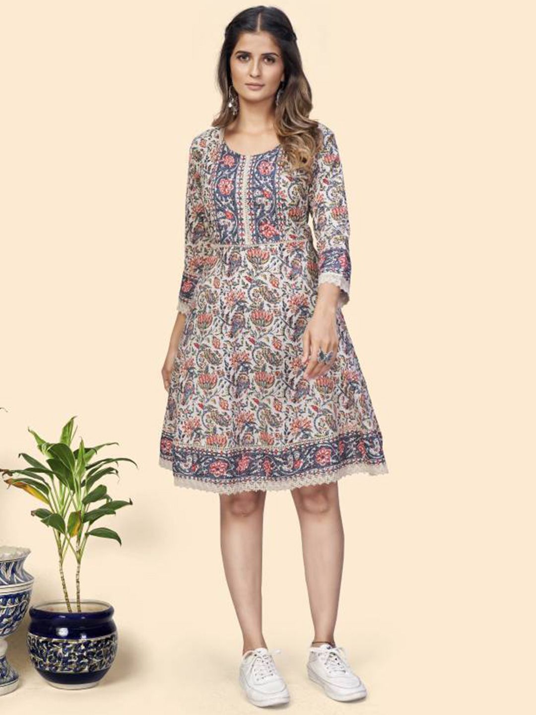 Buy Vbuyz Floral Printed Round Neck Fit& Flare Lace Inserts Cotton ...