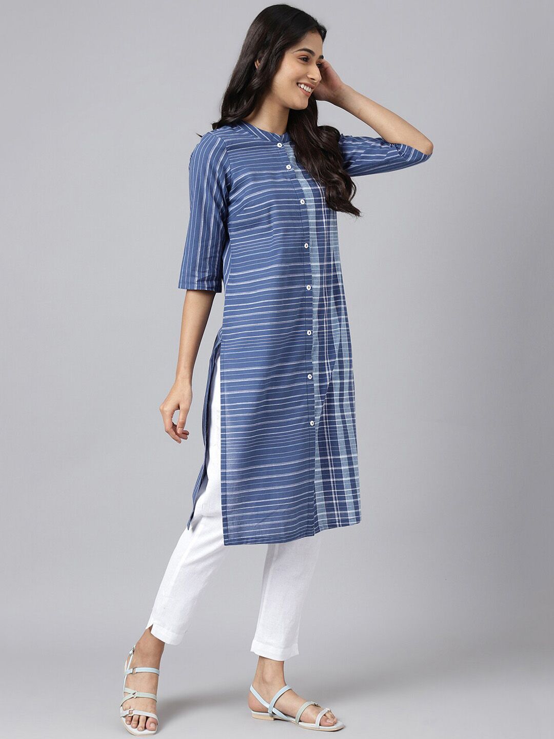 Buy AURELIA Striped Band Collar Pure Cotton Straight Kurta - Kurtas for ...