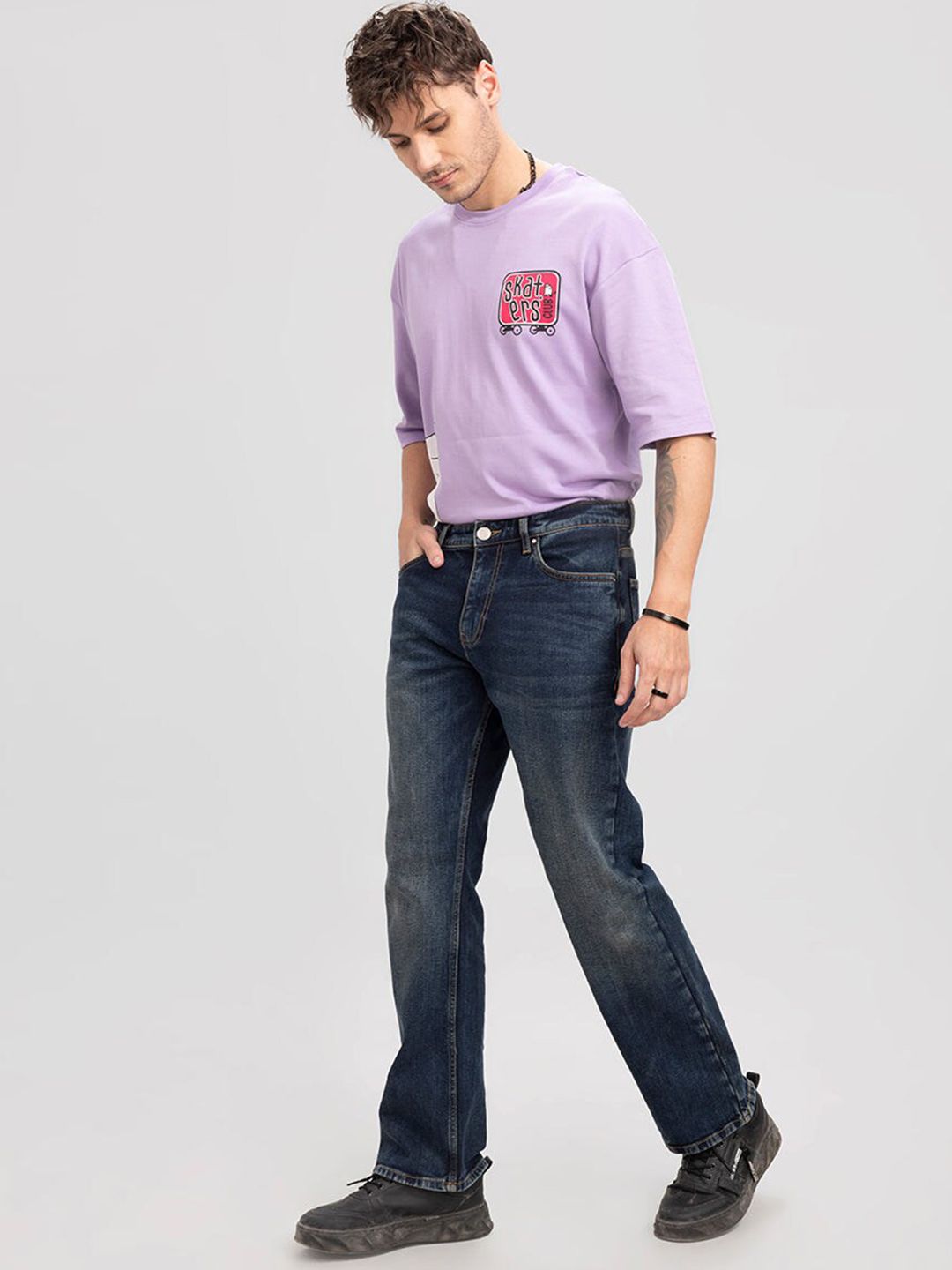 Buy Snitch Men Smart Bootcut Low Distress Light Fade Stretchable Cotton ...