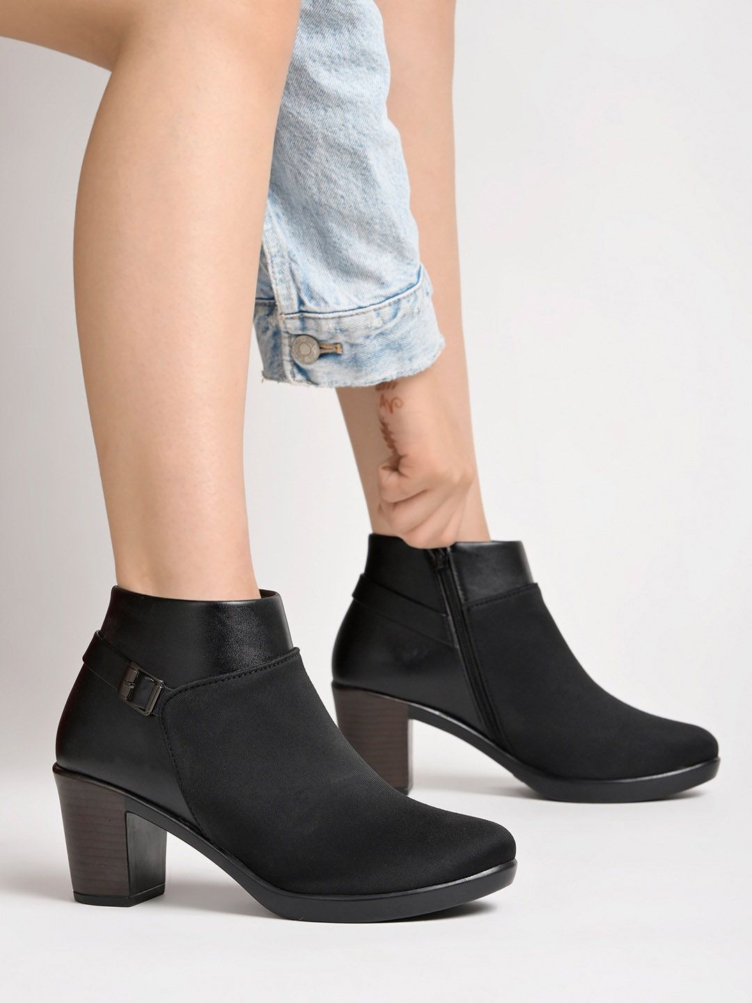 Shoetopia Women Mid Top Block-Heeled Regular Boots With Buckle Detail ...