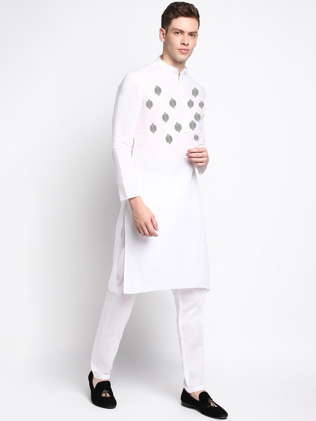 Buy DEVOILER Ethnic Motifs Printed Band Collar Kurta With Pyjamas ...