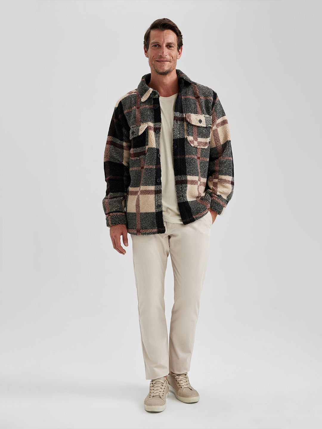 Buy DeFacto Tartan Checks Spread Collar Long Sleeves Casual Shacket ...