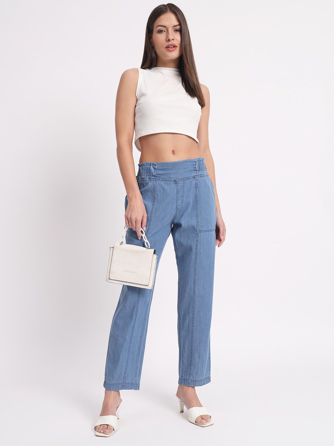 Buy AngelFab Women Relaxed Straight Leg Fit High Rise Denim Trousers ...