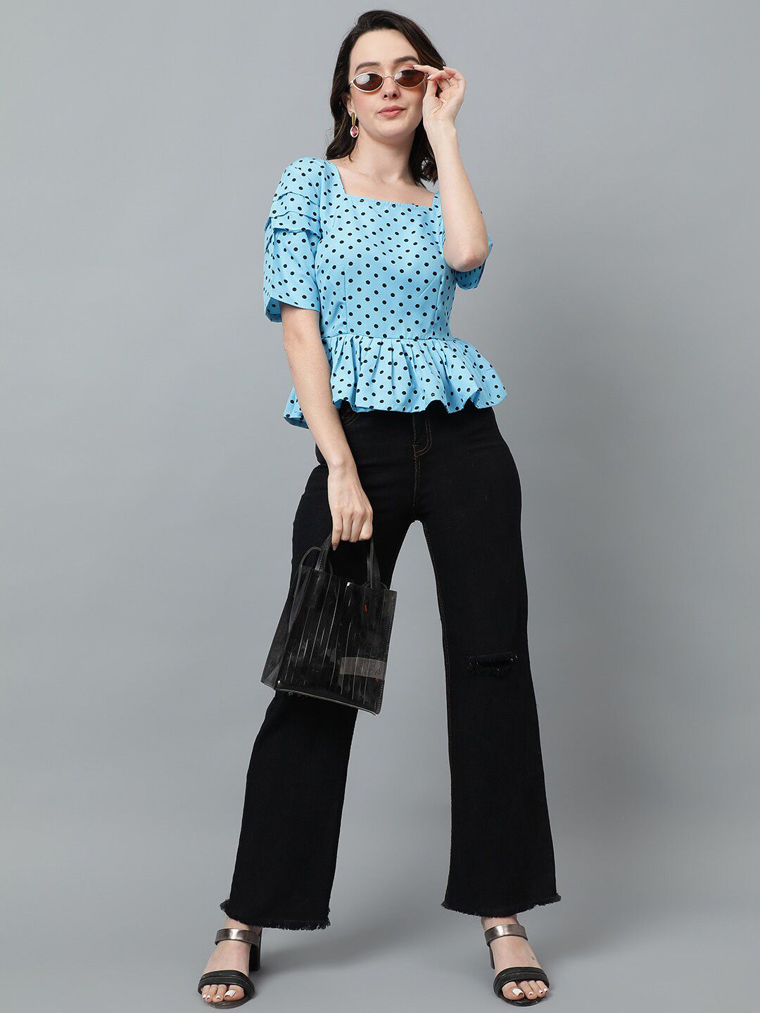Buy Kotty Blue Polka Dot Printed Crepe Peplum Top - Tops for Women ...