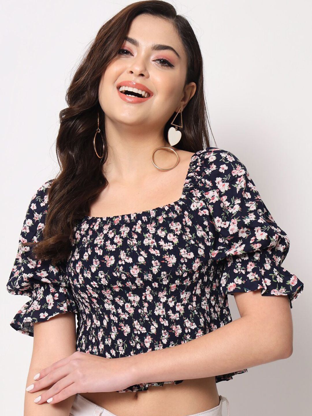 Buy Trend Arrest Navy Blue Floral Print Puff Sleeve Smocked Crop Top