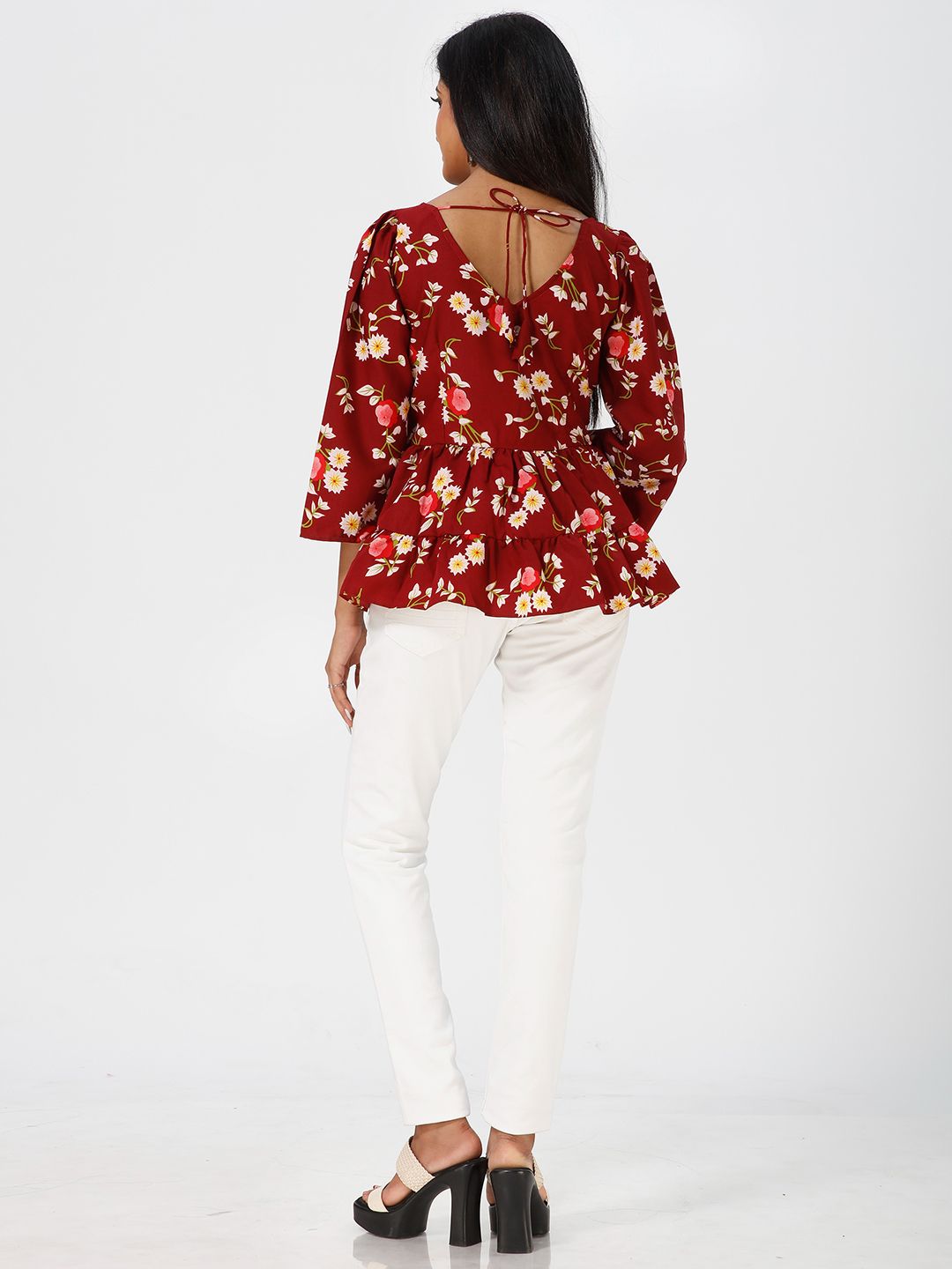 Buy Mrutbaa Floral Printed Square Neck Flared Sleeves Gathered Detailed ...