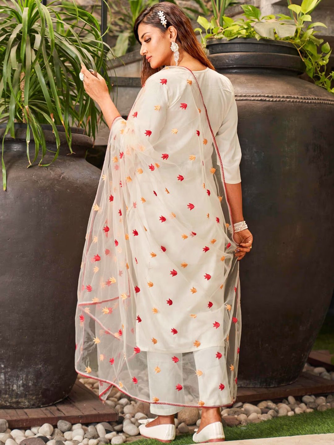 Buy KALINI Floral Embroidered Round Neck Kurta With Trousers & Dupatta ...