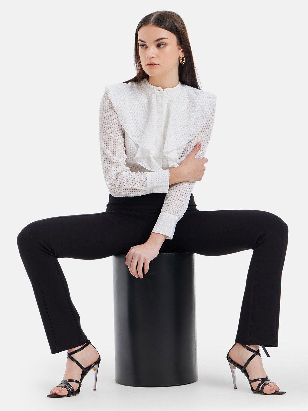 Buy Kazo Self Design Cuffed Sleeves Mandarin Collar Ruffled Net Shirt Style Top - Tops for Women ...