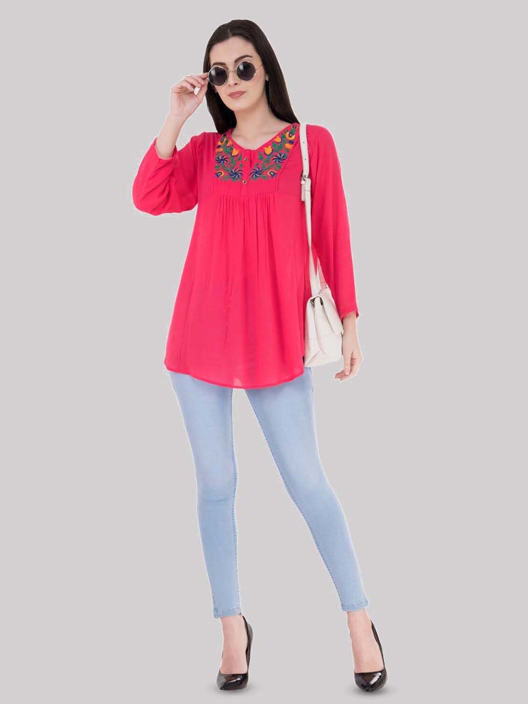 Buy SAAKAA Cotton Round Neck Three Quarter Sleeves Opaque Casual Top ...