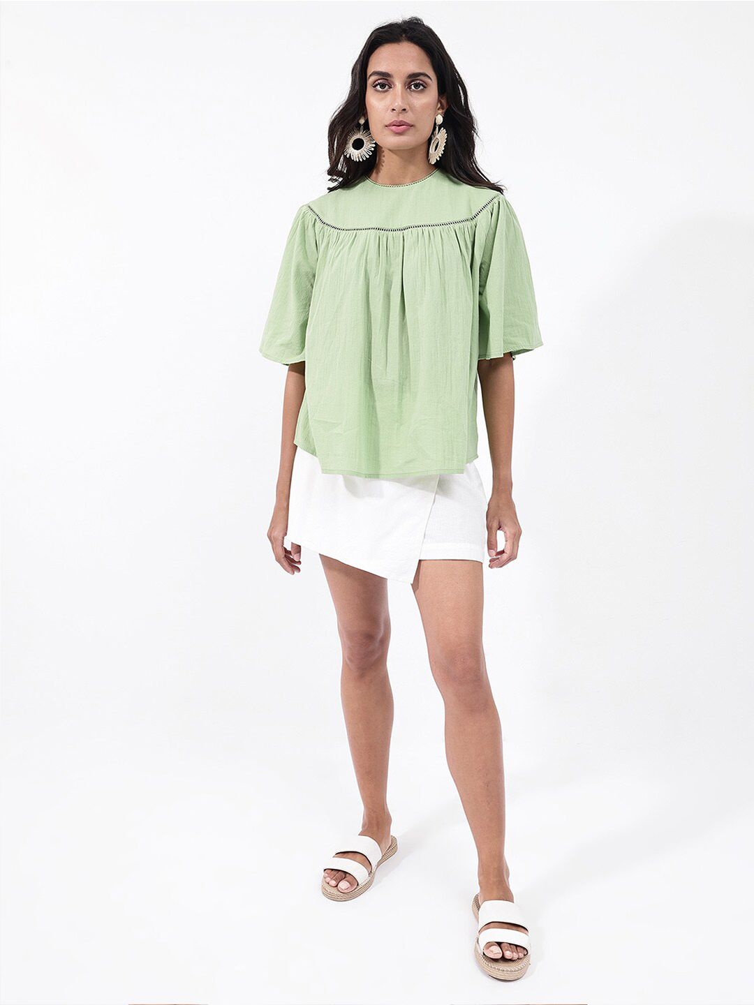Buy RAREISM Tonala Round Neck Flared Sleeves Cotton Top - Tops for ...