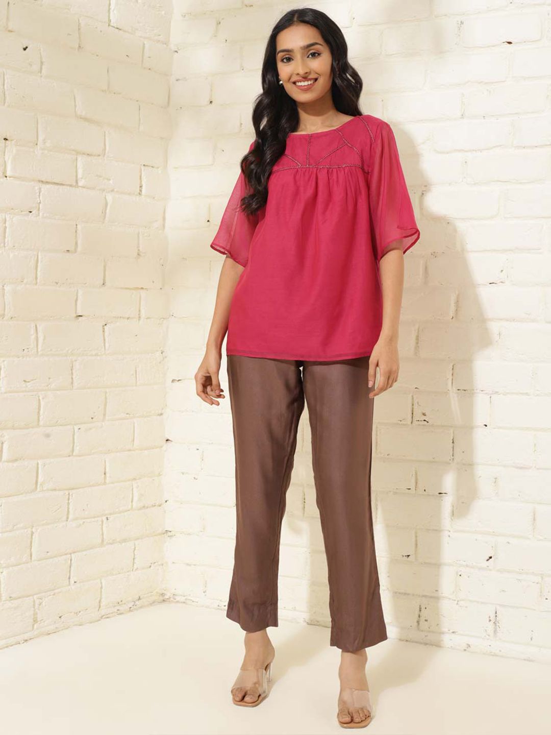 Buy Fabindia Embroidered Flared Sleeves Cotton Silk Top - Tops for ...
