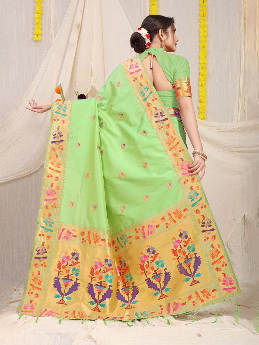 Buy Kandora Ethnic Motifs Woven Design Zari Pure Silk Paithani Saree ...