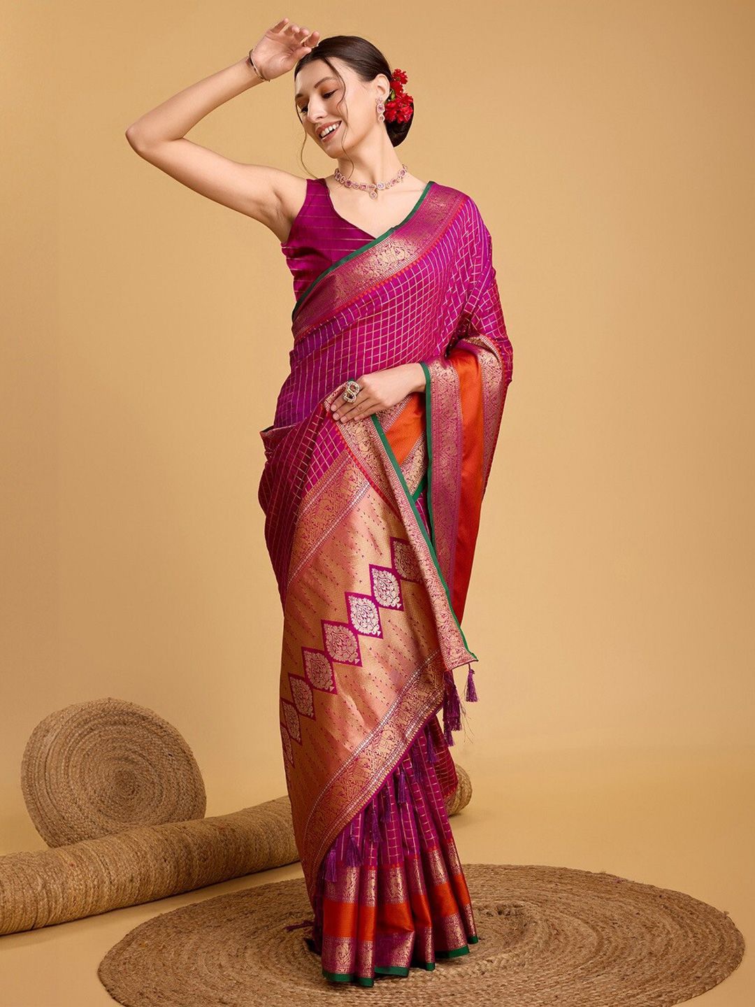 Buy Sarvada Checked Zari Silk Blend Banarasi Saree - Sarees for Women ...