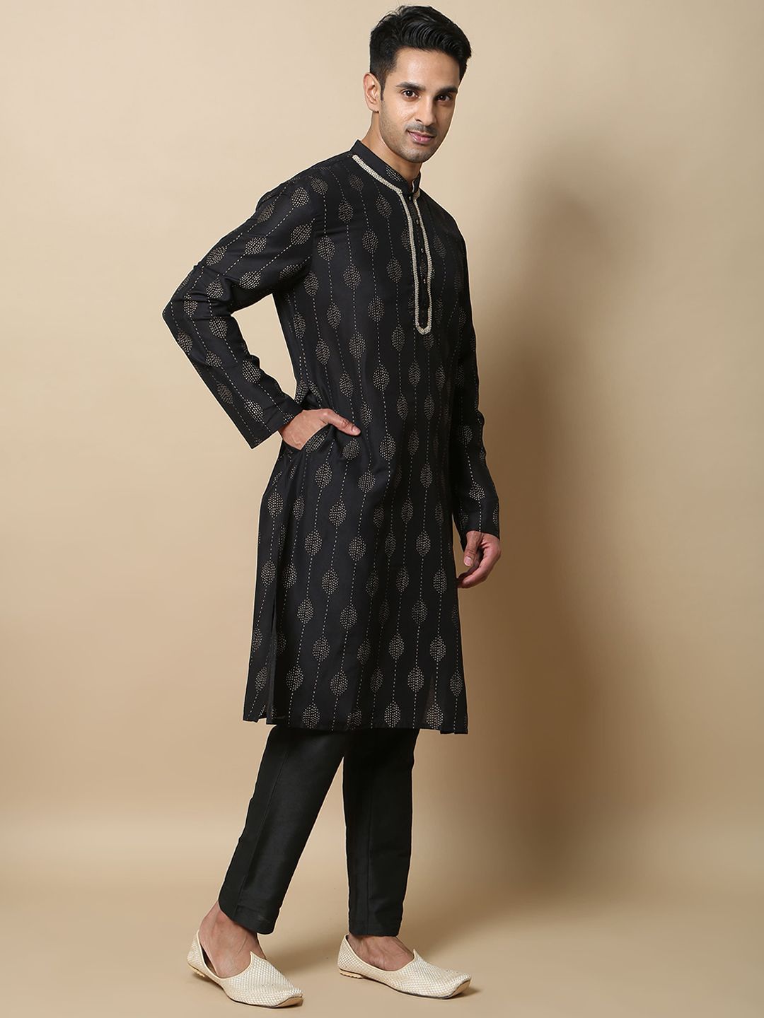 Buy FILORI Men Ethnic Motifs Woven Design Mandarin Collar Thread Work ...