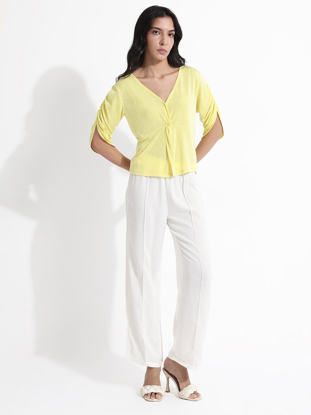 Buy RAREISM V Neck Gathered Ruched Semi Sheer Top - Tops for Women ...