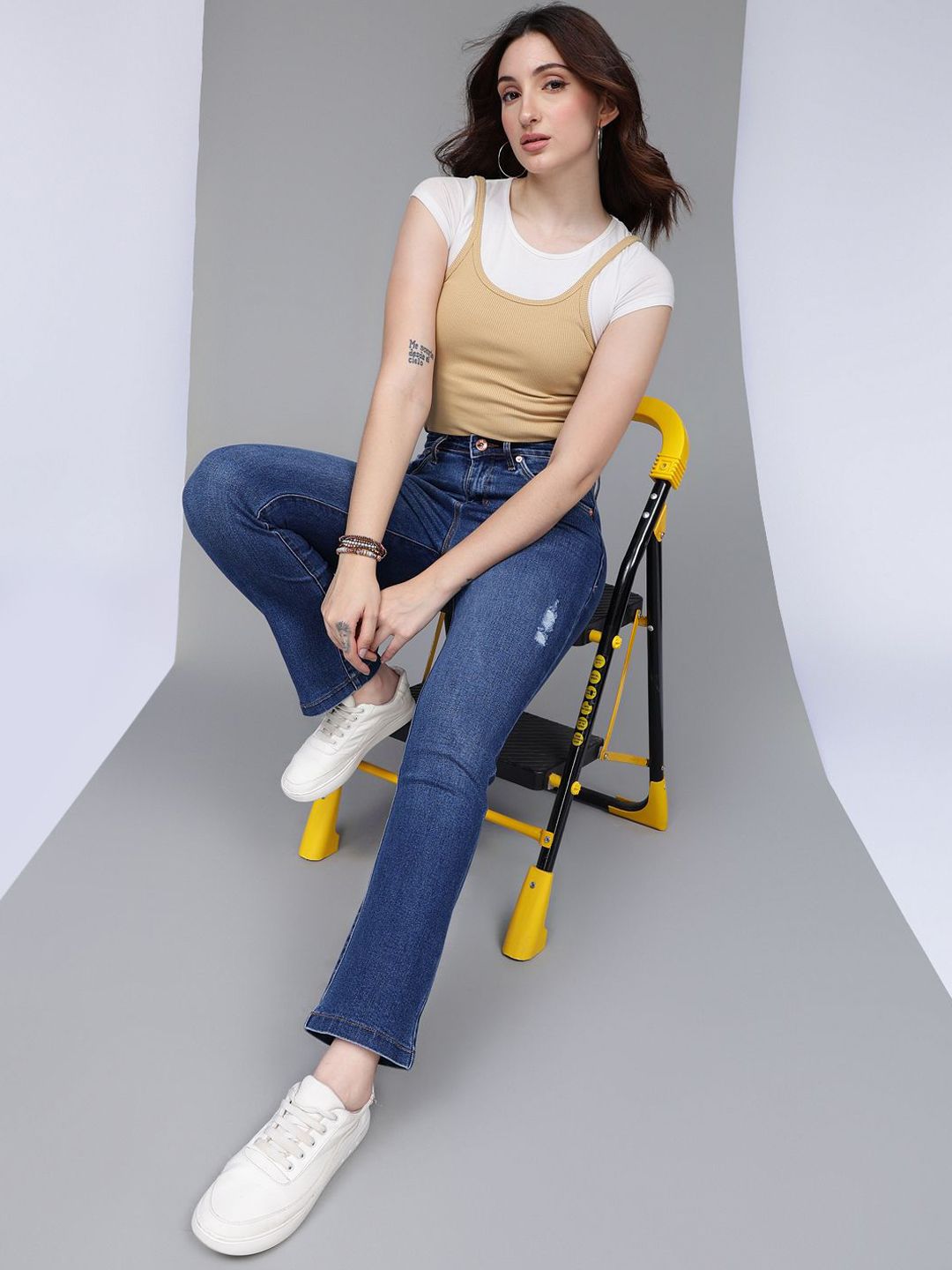 Buy Xpose Women Comfort Straight Fit High Rise Low Distress Light Fade ...