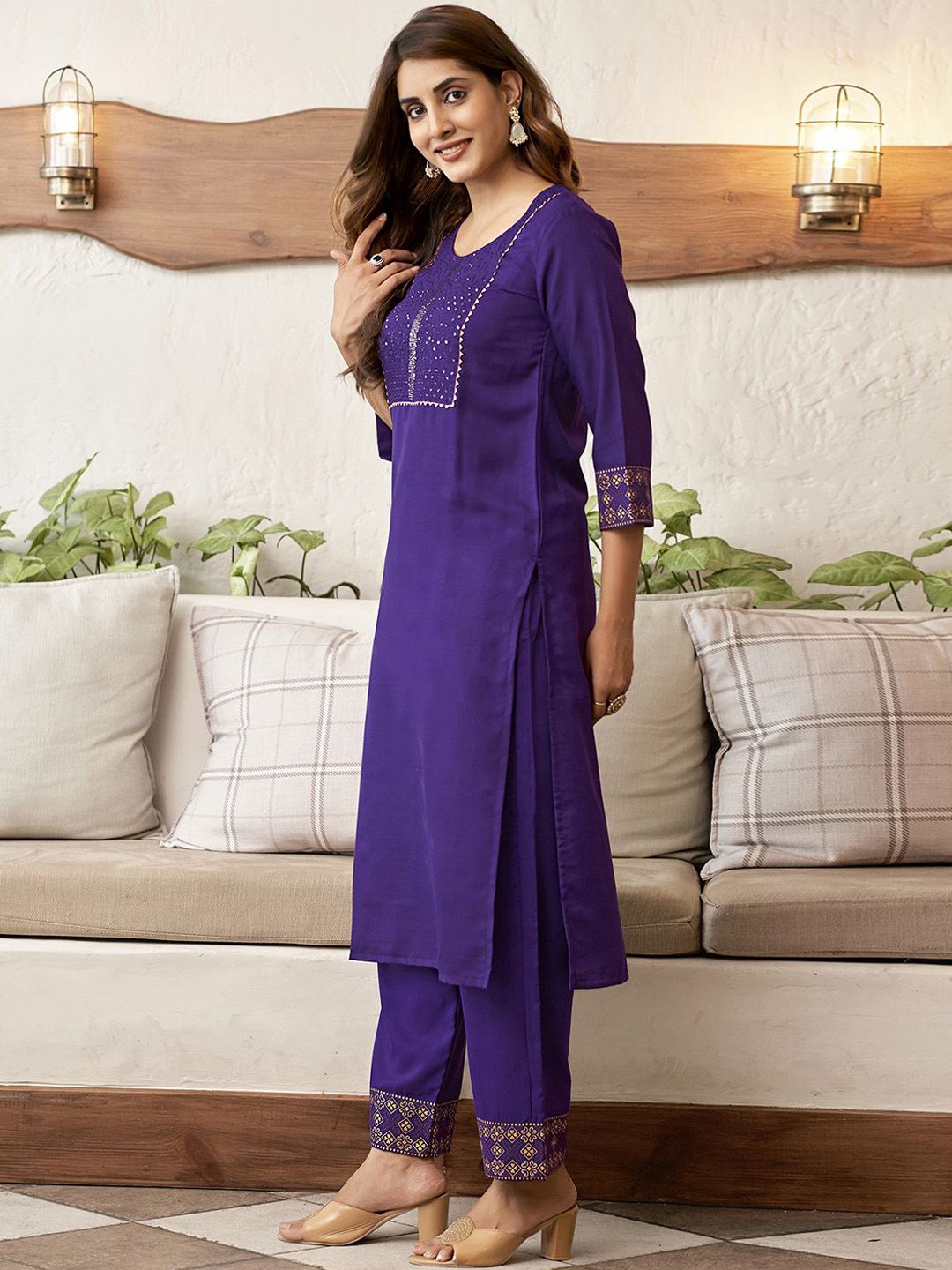 Buy SKYLEE Embroidered Regular Sequinned Kurta With Trousers & Dupatta ...