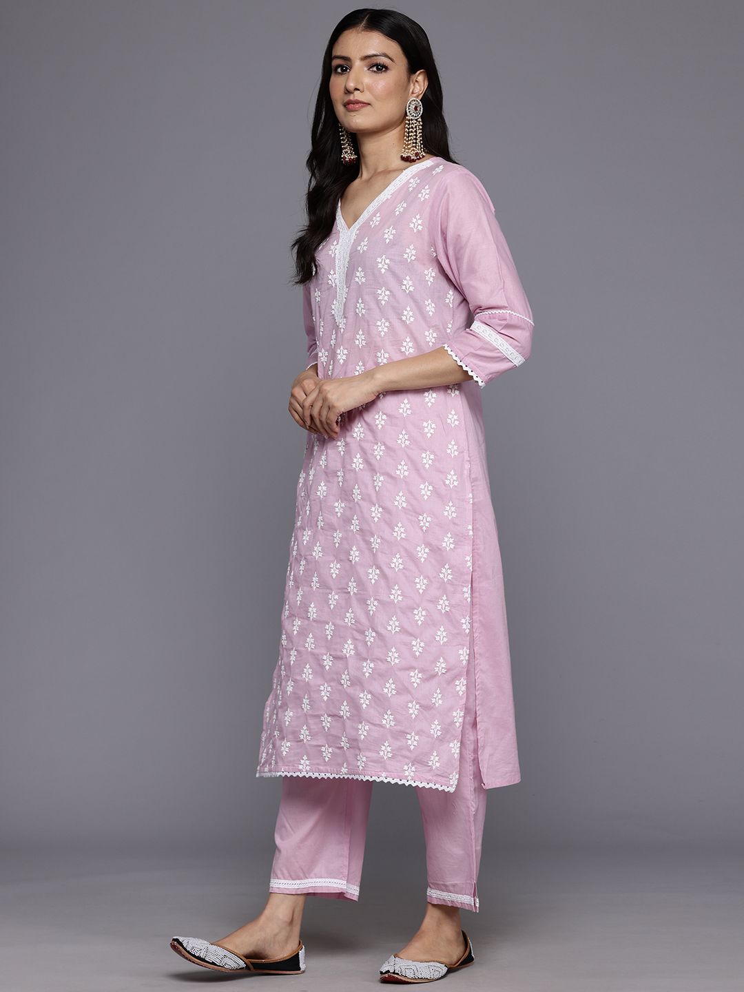 Buy Varanga Floral Embroidered Thread Work Pure Cotton Kurta With ...