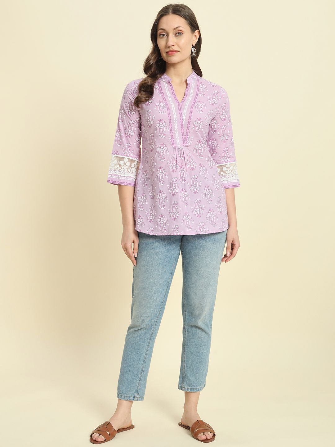 Buy KBZ Ethnic Motifs V Neck Three Quarter Sleeves Regular Cotton Top ...