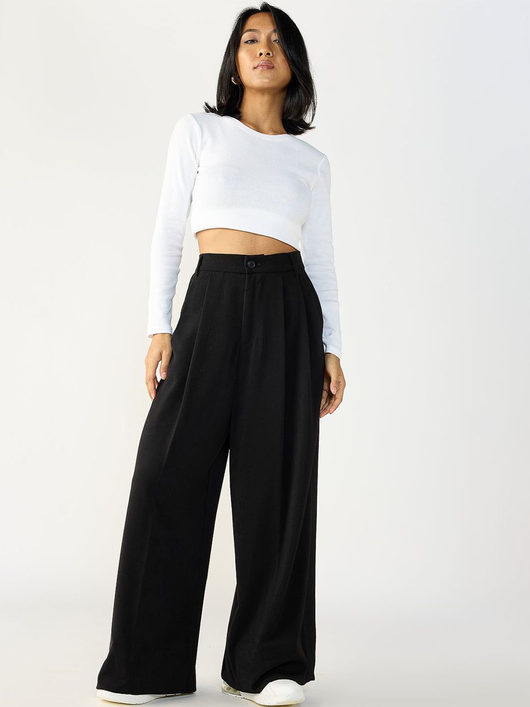 Buy FREAKINS Silken Black Flared Formal Korean Pants - Trousers for Women 30140773 | Myntra