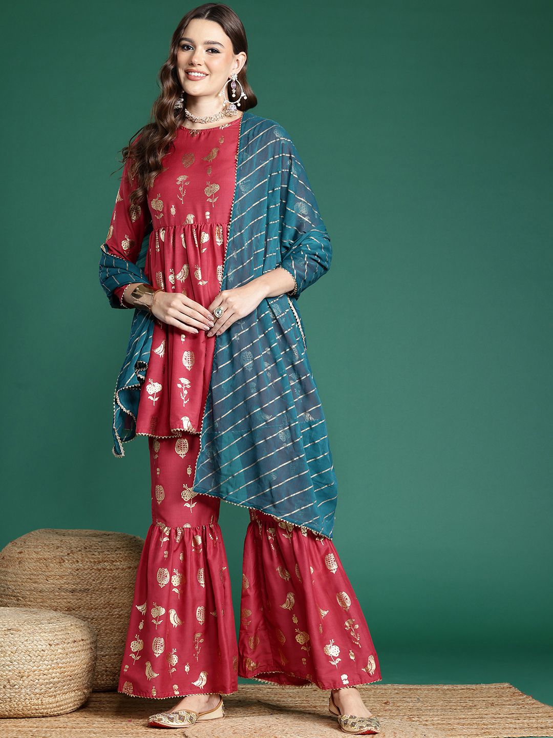 Buy Sangria Floral Printed Empire Gotta Patti Kurti With Sharara & With Dupatta - Kurta Sets for ...