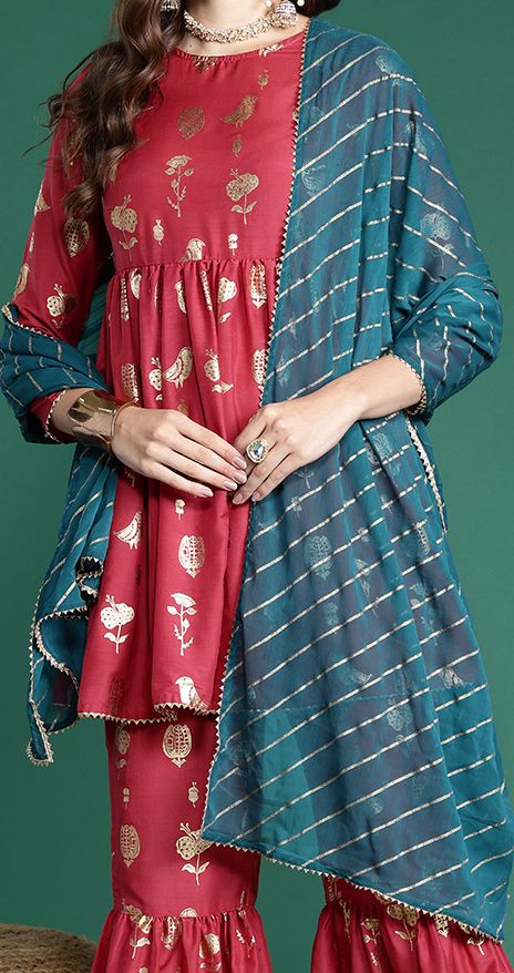 Buy Sangria Floral Printed Empire Gotta Patti Kurti With Sharara & With Dupatta - Kurta Sets for ...