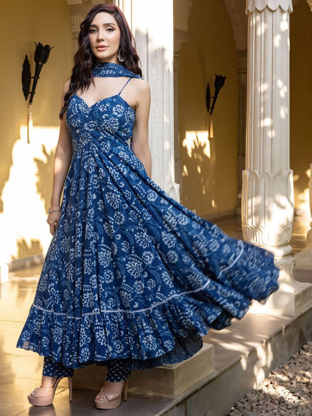 Buy KALINI Floral Printed Shoulder Straps Pure Cotton Anarkali Kurta ...