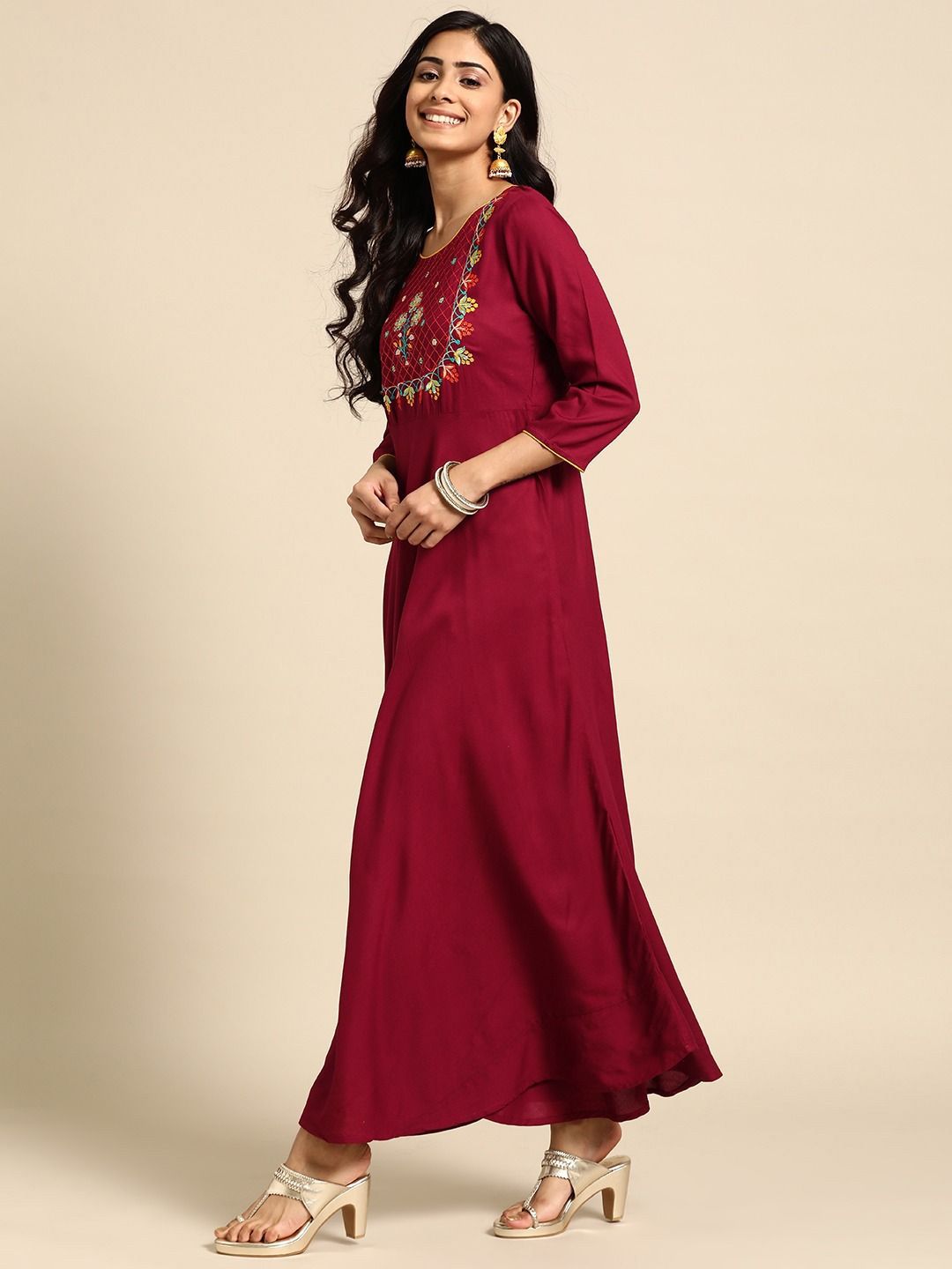 Buy Anouk Maroon Floral Embroidered Pure Cotton A Line Kurta - Kurtas ...