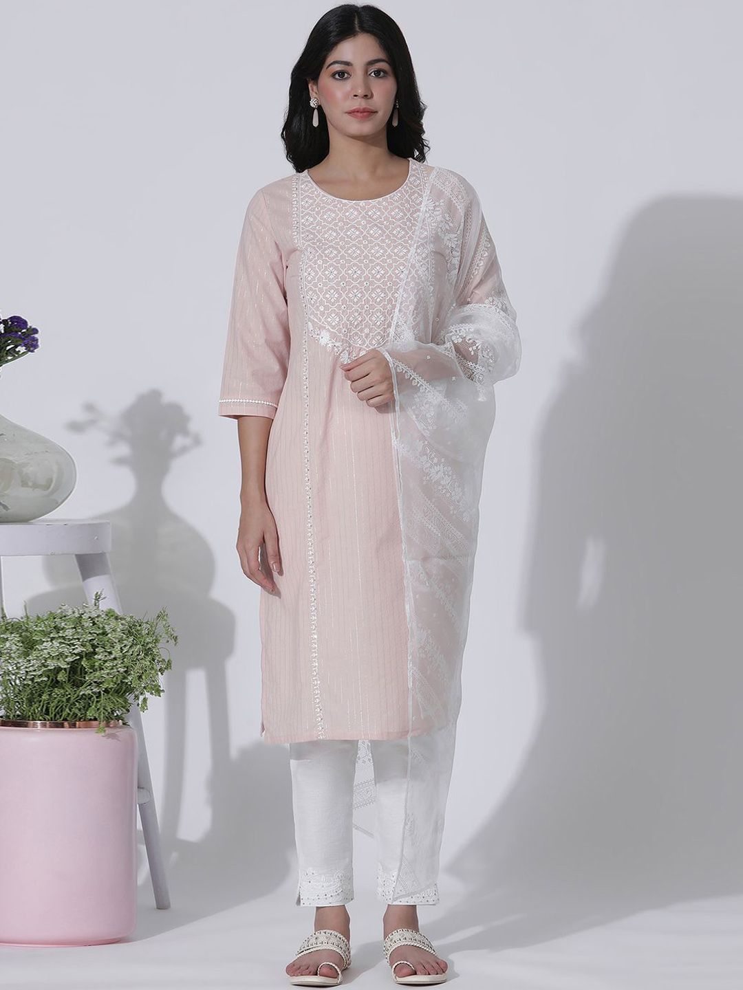 Buy W Ethnic Motifs Embroidered Regular Thread Work Kurta With Trousers ...
