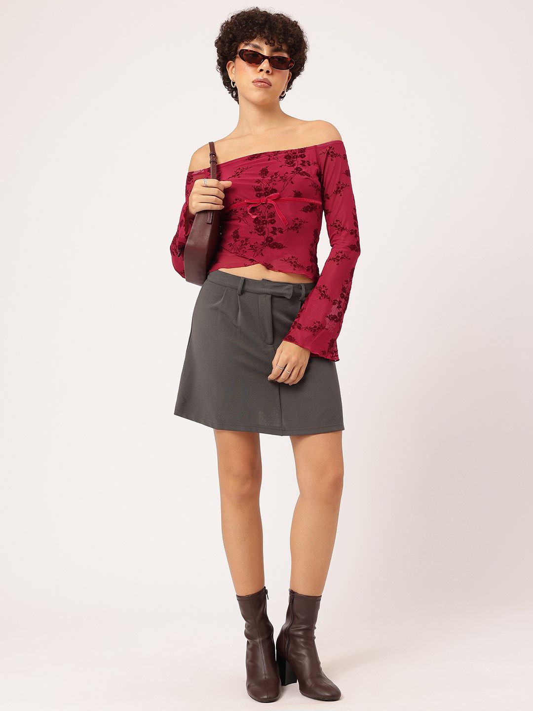 Buy StyleCast Cherry Red Ribbon Trim Velvety Floral Bardot Top - Tops ...