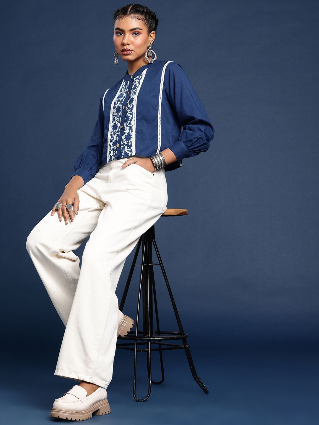 Buy Taavi Printed Mandarin Collar Indigo Pure Cotton Shirt Style Crop ...