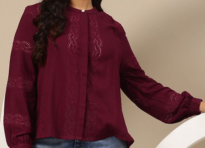 Buy Sztori Plus Size Schiffli Floral Concealed Placket High Low Curved ...
