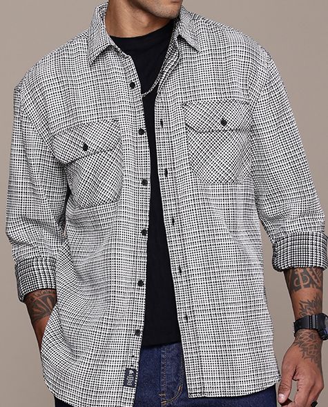 Buy The Roadster Life Co. Pure Cotton Checked Drop Shoulder Sleeves Relaxed Fit Casual Shacket ...