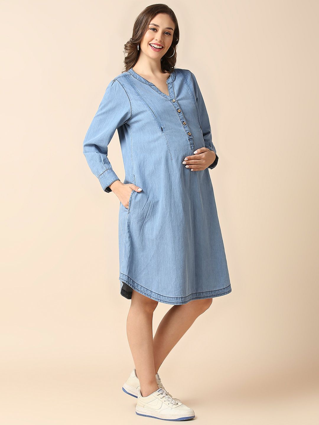 Buy MomToBe Cuffed Sleeve The Work Maternity Denim Dress - Dresses for ...