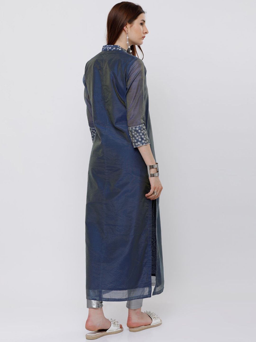Buy Vishudh Blue Floral Printed Mandarin Collar Straight Chanderi Kurta ...