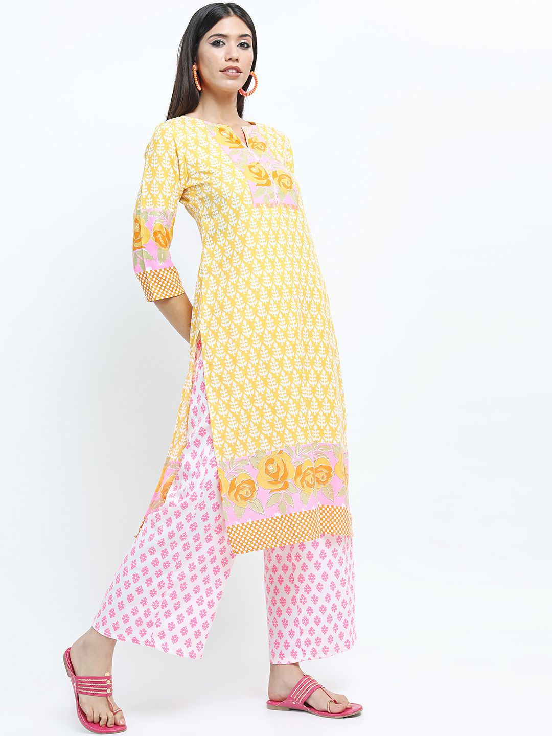 Buy Vishudh Floral Printed Straight Kurta With Palazzos & With Dupatta ...