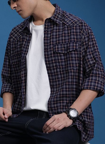 Buy The Roadster Life Co. Pure Cotton Checked Drop Shoulder Sleeves Relaxed Fit Casual Shirt ...