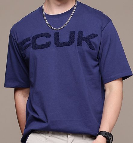 Buy FCUK Brand Logo Embroidered Drop Shoulder Sleeves Pure Cotton T ...