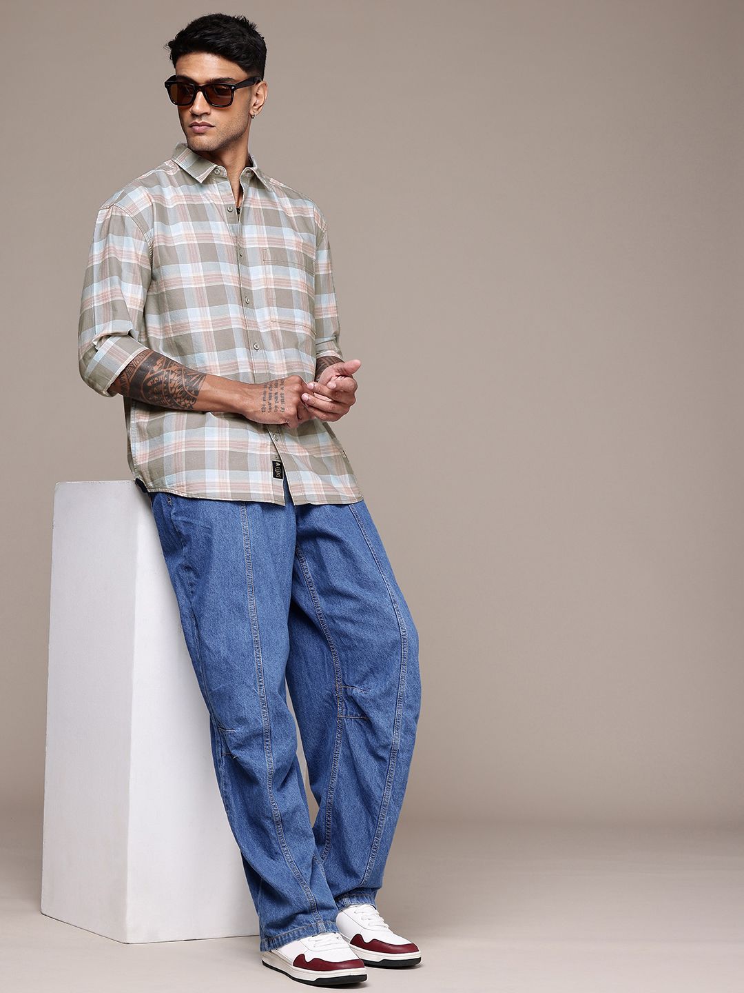 Buy The Roadster Life Co. Pure Cotton Checked Drop Shoulder Sleeves Relaxed Fit Casual Shirt ...