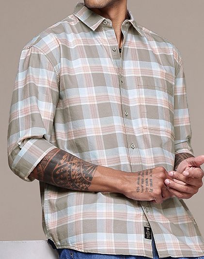 Buy The Roadster Life Co. Pure Cotton Checked Drop Shoulder Sleeves Relaxed Fit Casual Shirt ...