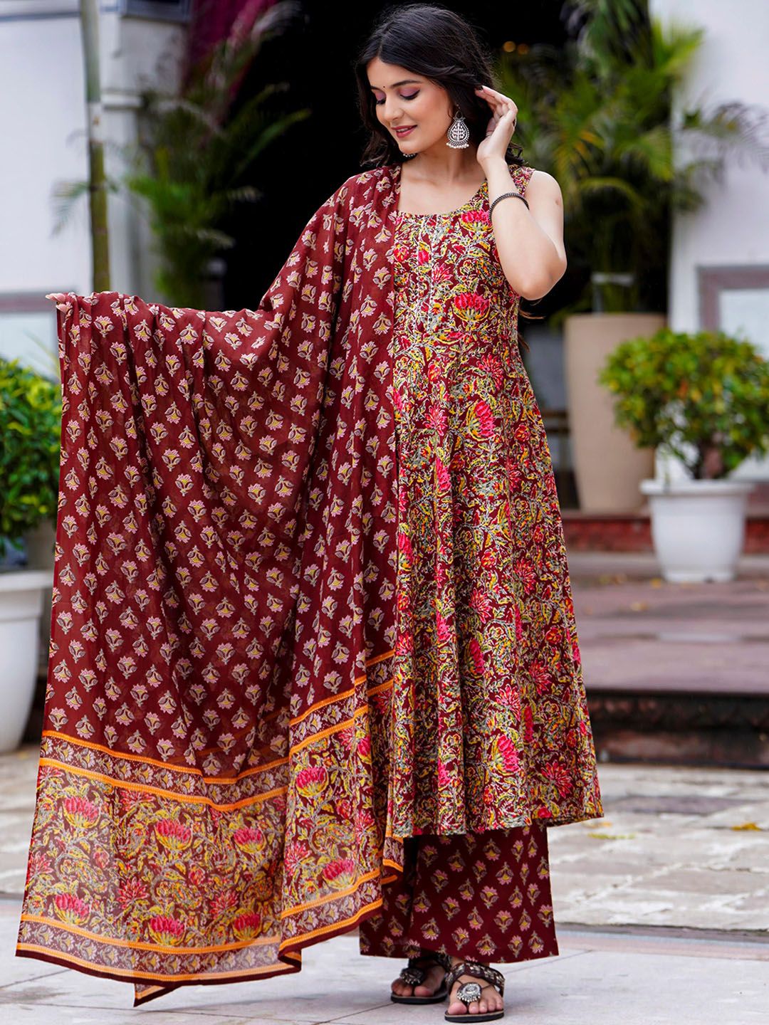 Buy Anouk Maroon Floral Printed Gotta Patti Pure Cotton Anarkali Kurta With Palazzos & Dupatta ...