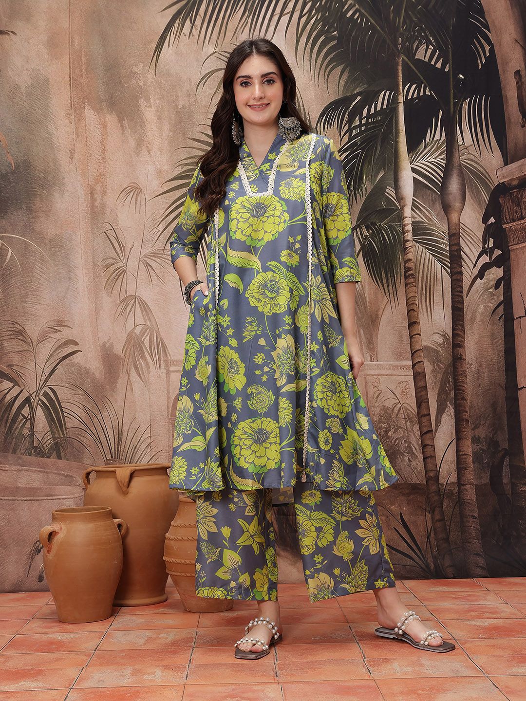 Buy Sangria Indie Floral Print Crochet Detail Kurta With Palazzos - Kurta Sets for Women ...