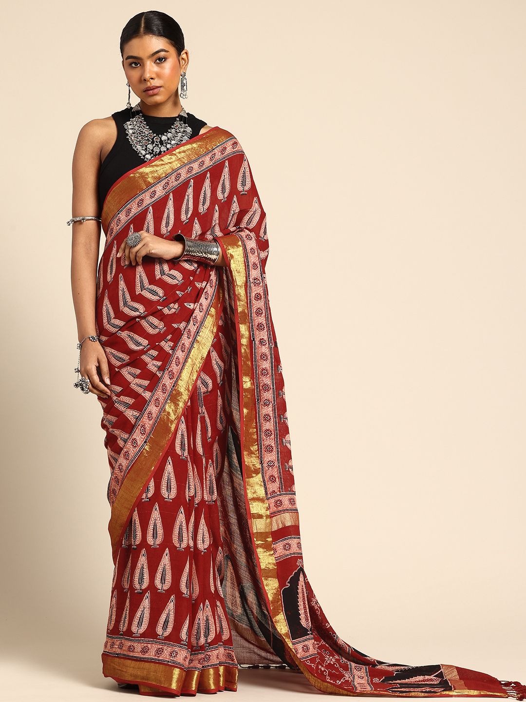 Buy Taavi Ajrakh Hand Block Printed Saree With Zari Border - Sarees for ...