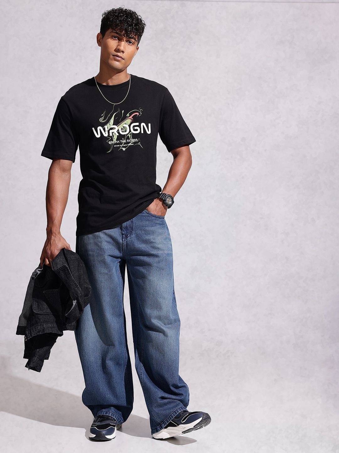 Buy WROGN Brand Logo Printed Drop Shoulder Sleeves Pure Cotton Comfort ...