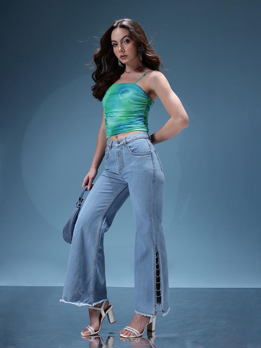 Buy Bebe Women Denim Daze Beaded High Rise Wide Leg Jeans With High ...