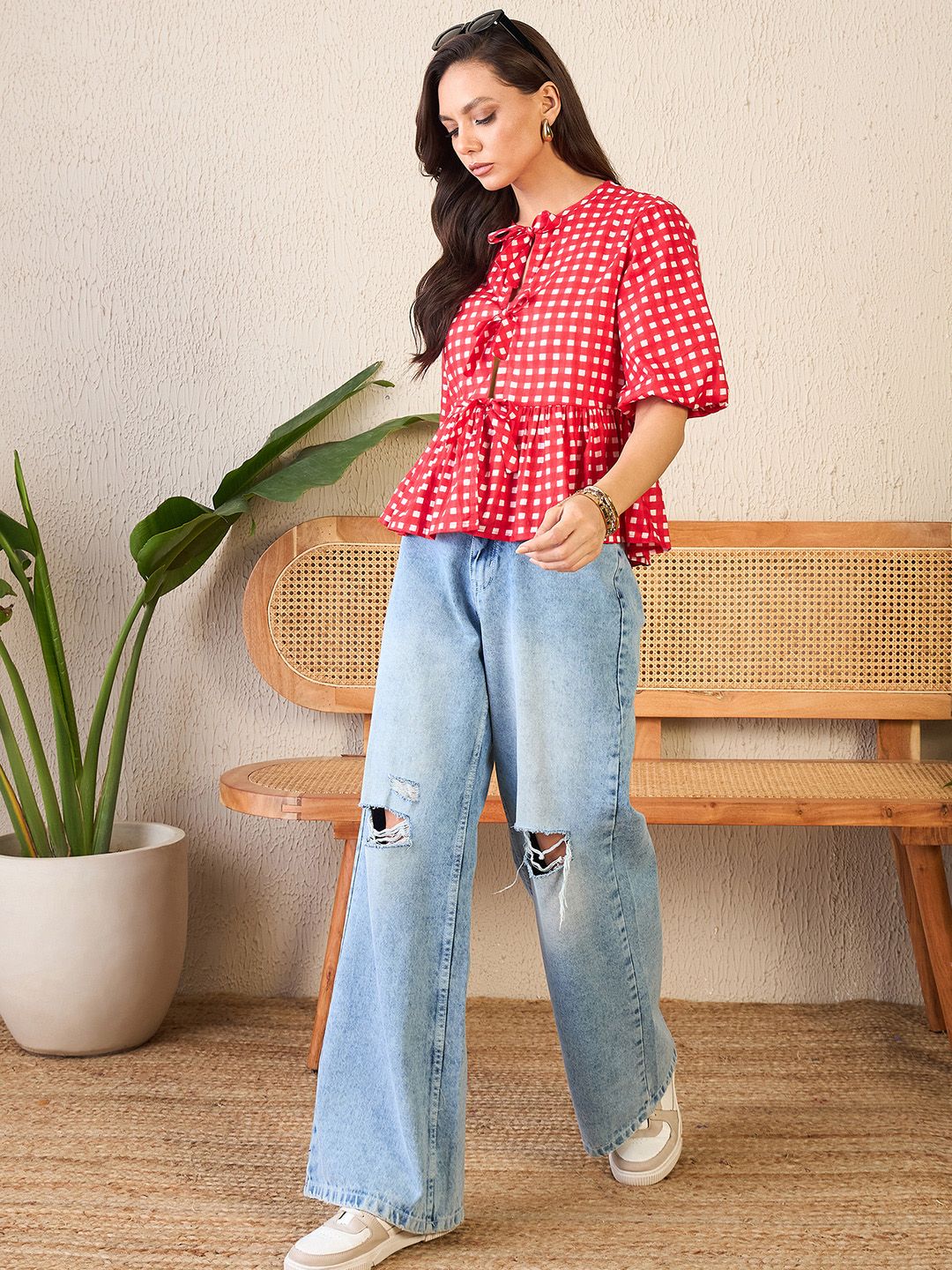 Buy Uptownie Checkered Cotton Tie Up Peplum Top - Tops for Women ...