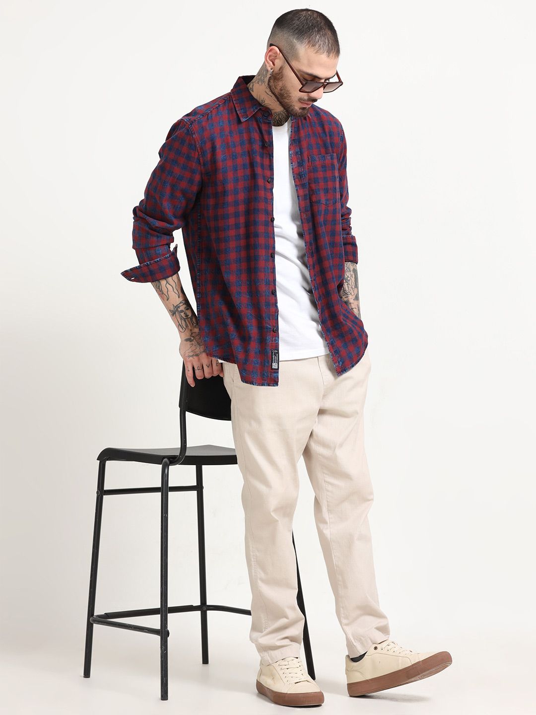 Buy SILISOUL Men Classic Spread Collar Gingham Checked Denim Casual ...