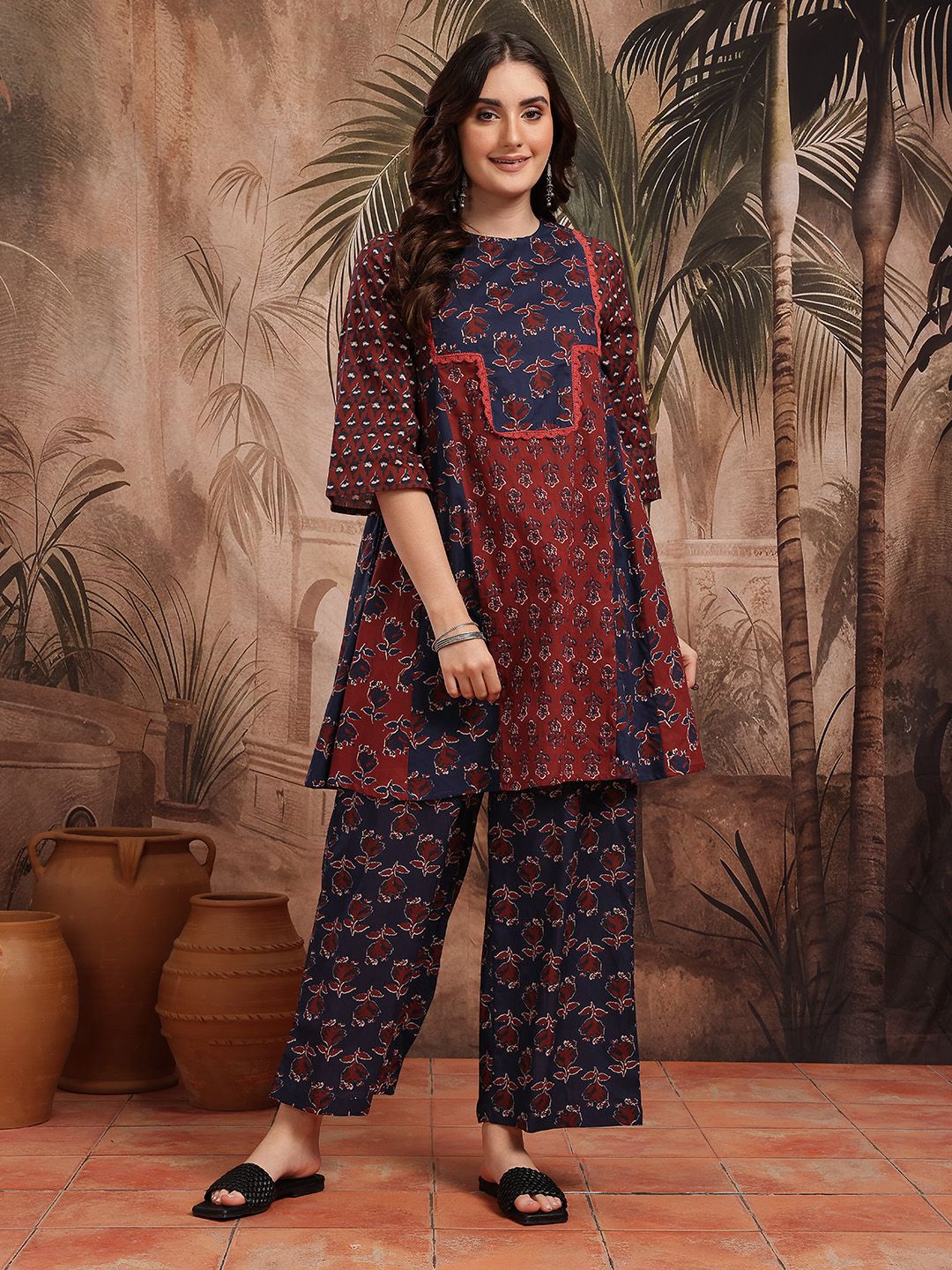 Buy Sangria Floral Printed Pure Cotton Kurta With Trousers - Kurta Sets for Women 31825605 | Myntra